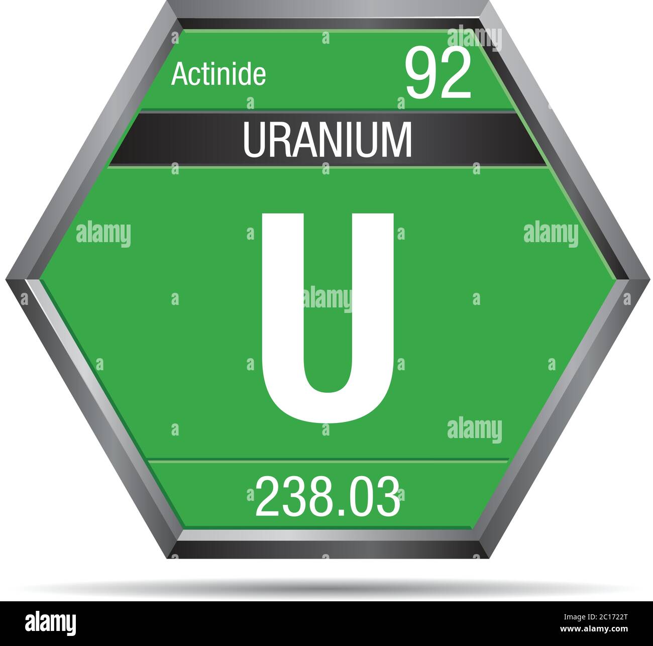 Uranium symbol in the form of a hexagon with a metallic frame. Element ...