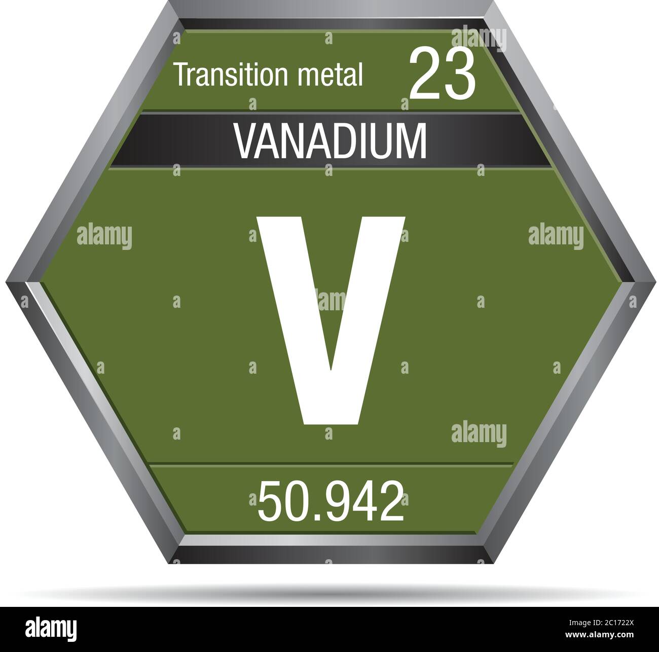 Vanadium symbol in the form of a hexagon with a metallic frame. Element ...