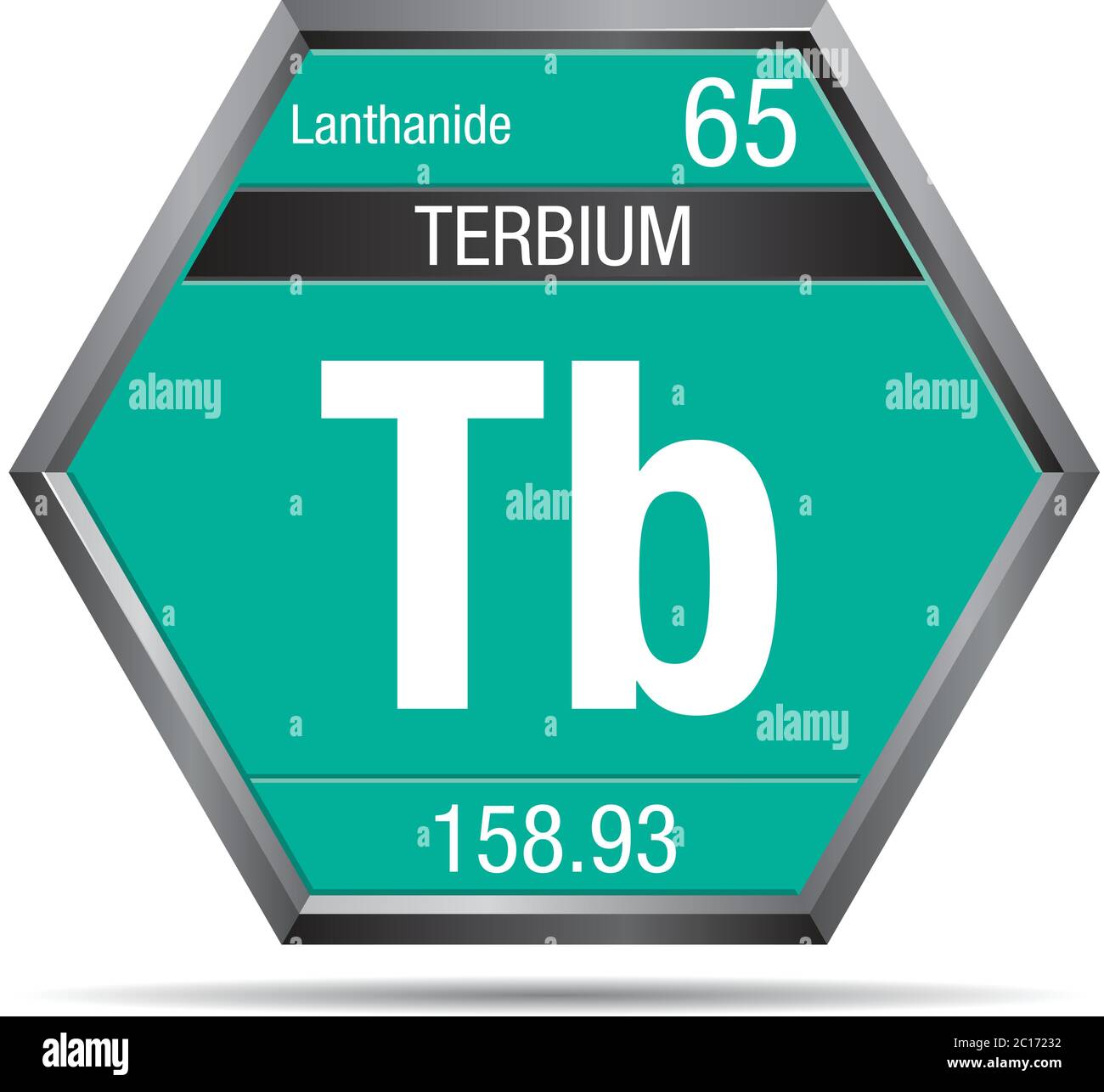 Terbium symbol in the form of a hexagon with a metallic frame. Element ...