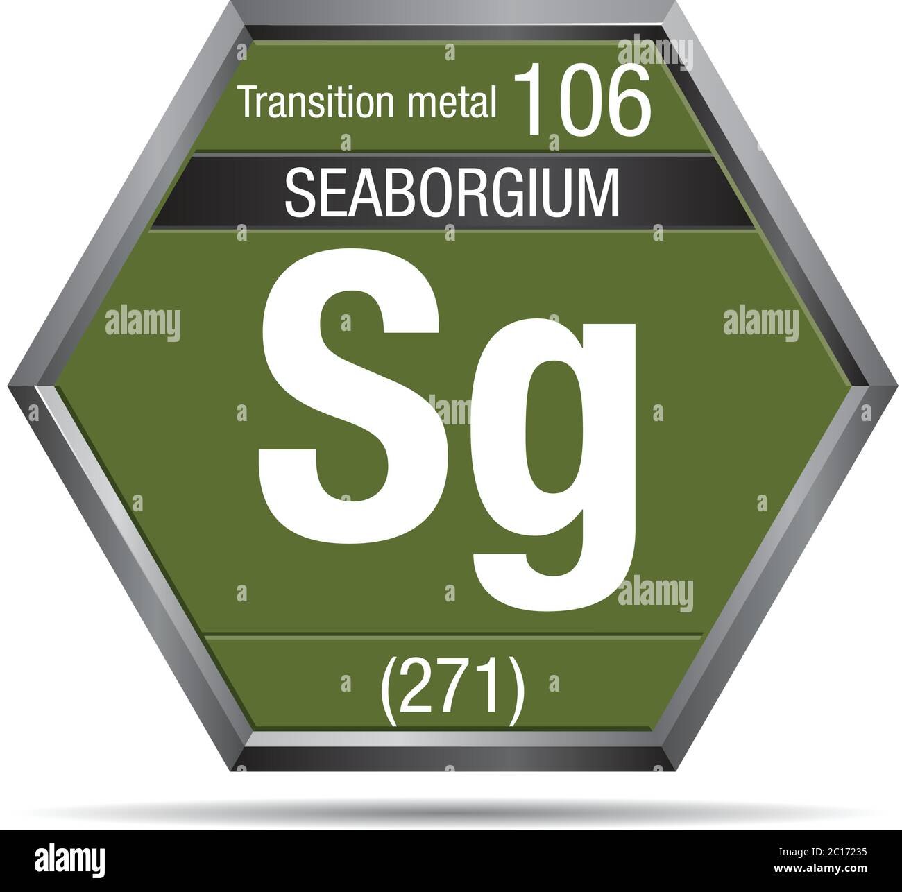 Seaborgium symbol in the form of a hexagon with a metallic frame ...