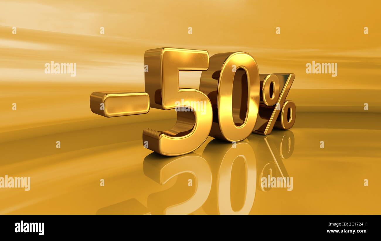 3d Gold -50%, Minus Fifty Percent Discount Sign Stock Photo - Alamy