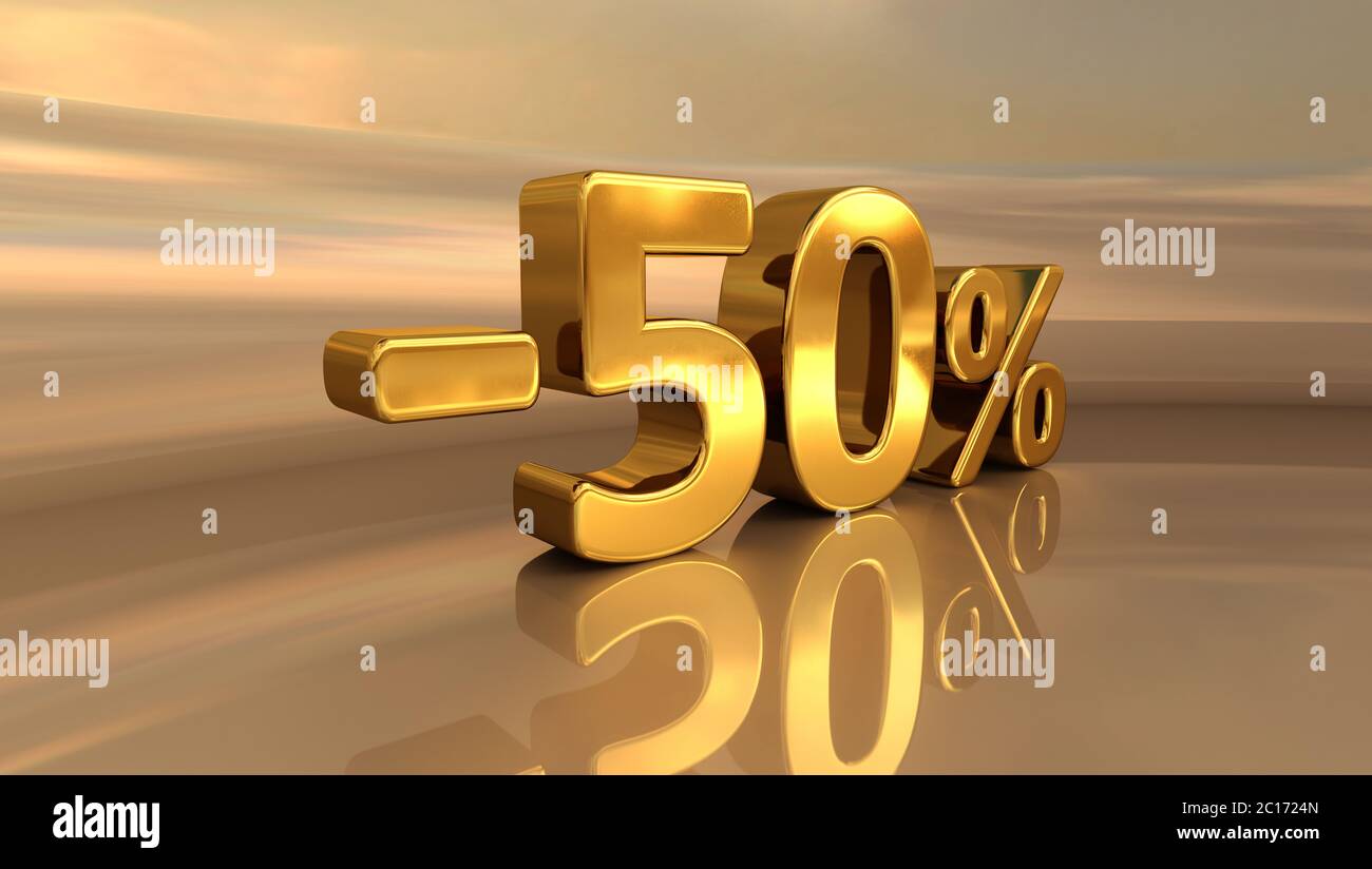 3d Gold -50%, Minus Fifty Percent Discount Sign Stock Photo - Alamy