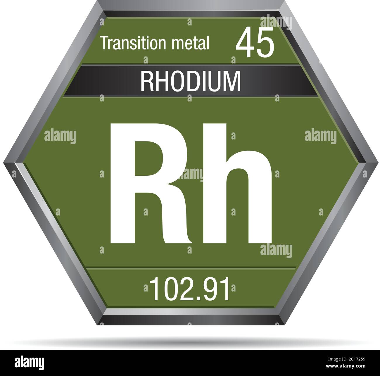 Rhodium symbol in the form of a hexagon with a metallic frame. Element ...
