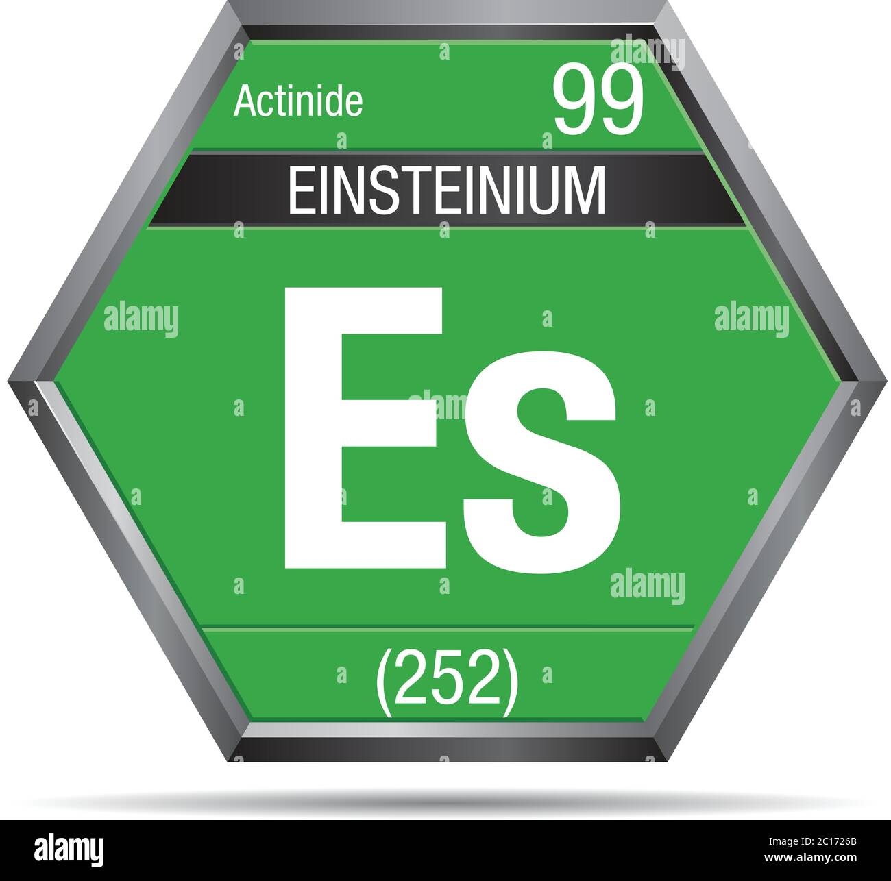 Einsteinium symbol in the form of a hexagon with a metallic frame ...