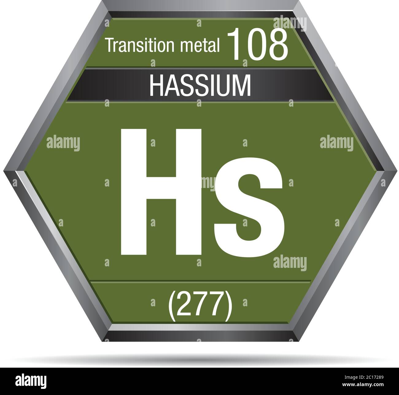 Hassium symbol in the form of a hexagon with a metallic frame. Element ...