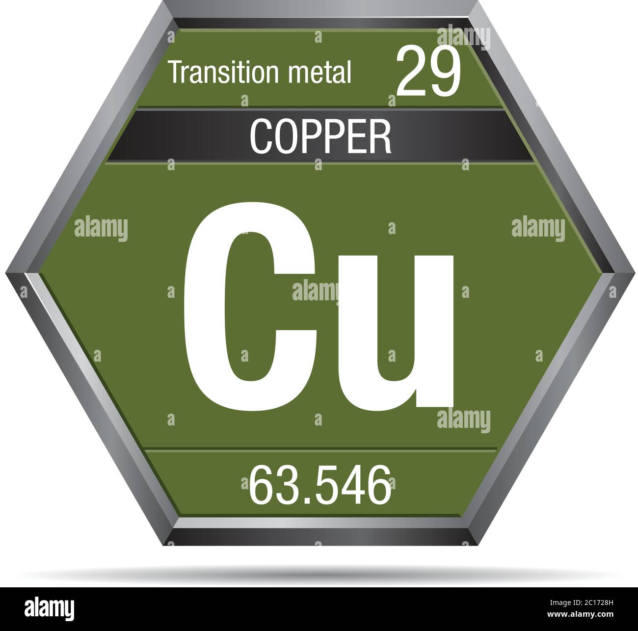 Copper symbol in the form of a hexagon with a metallic frame. Element ...