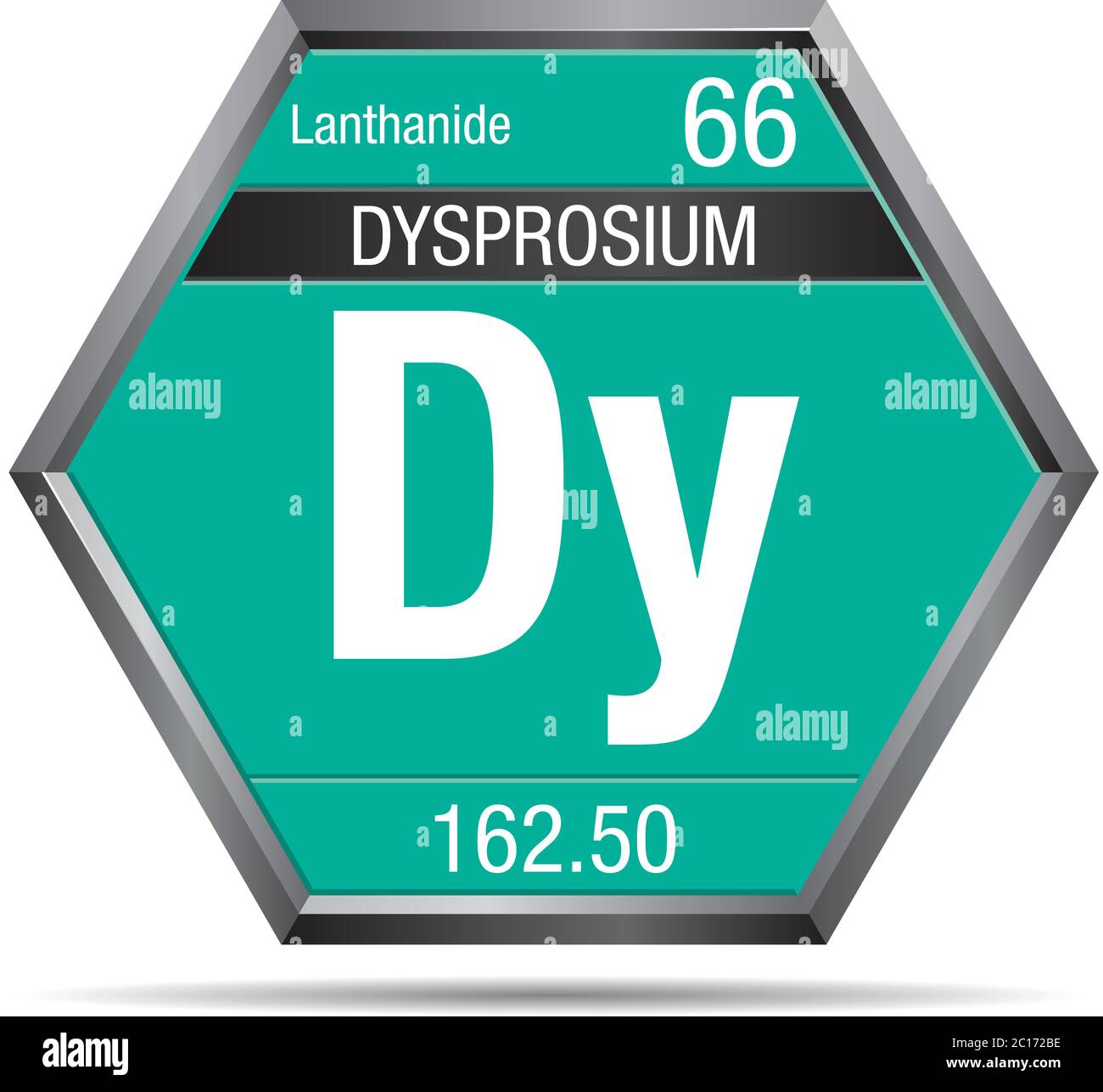 Dysprosium symbol in the form of a hexagon with a metallic frame ...