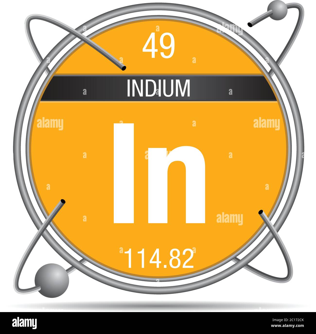 Indium symbol inside a metal ring with colored background and spheres ...