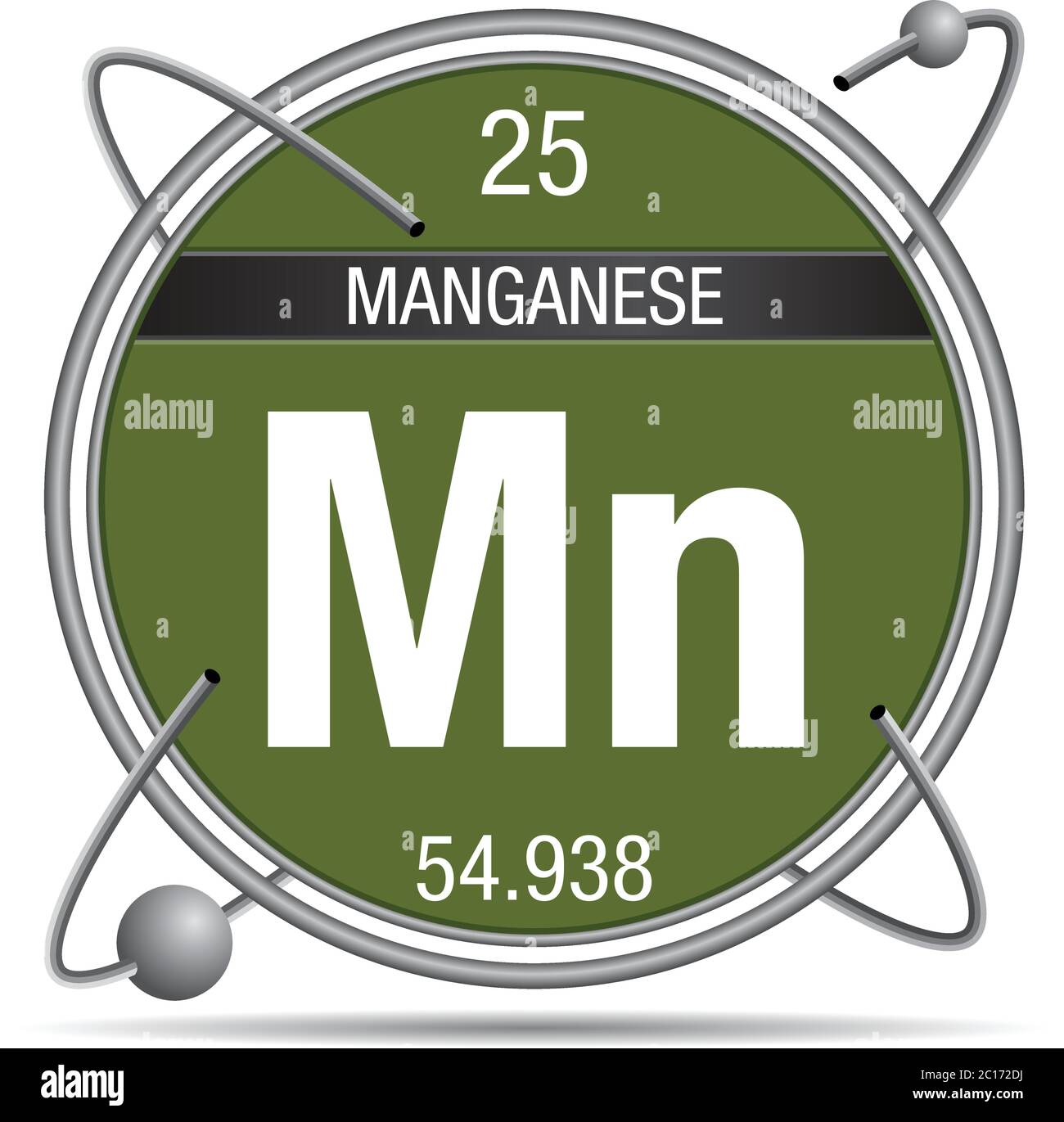 Manganese symbol inside a metal ring with colored background and ...