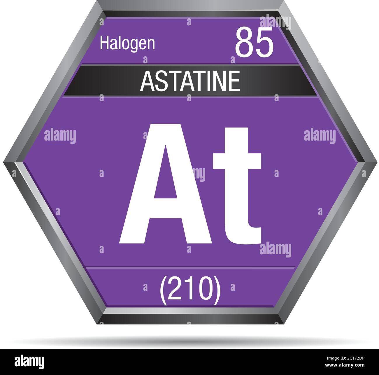 Astatine symbol in the form of a hexagon with a metallic frame. Element ...