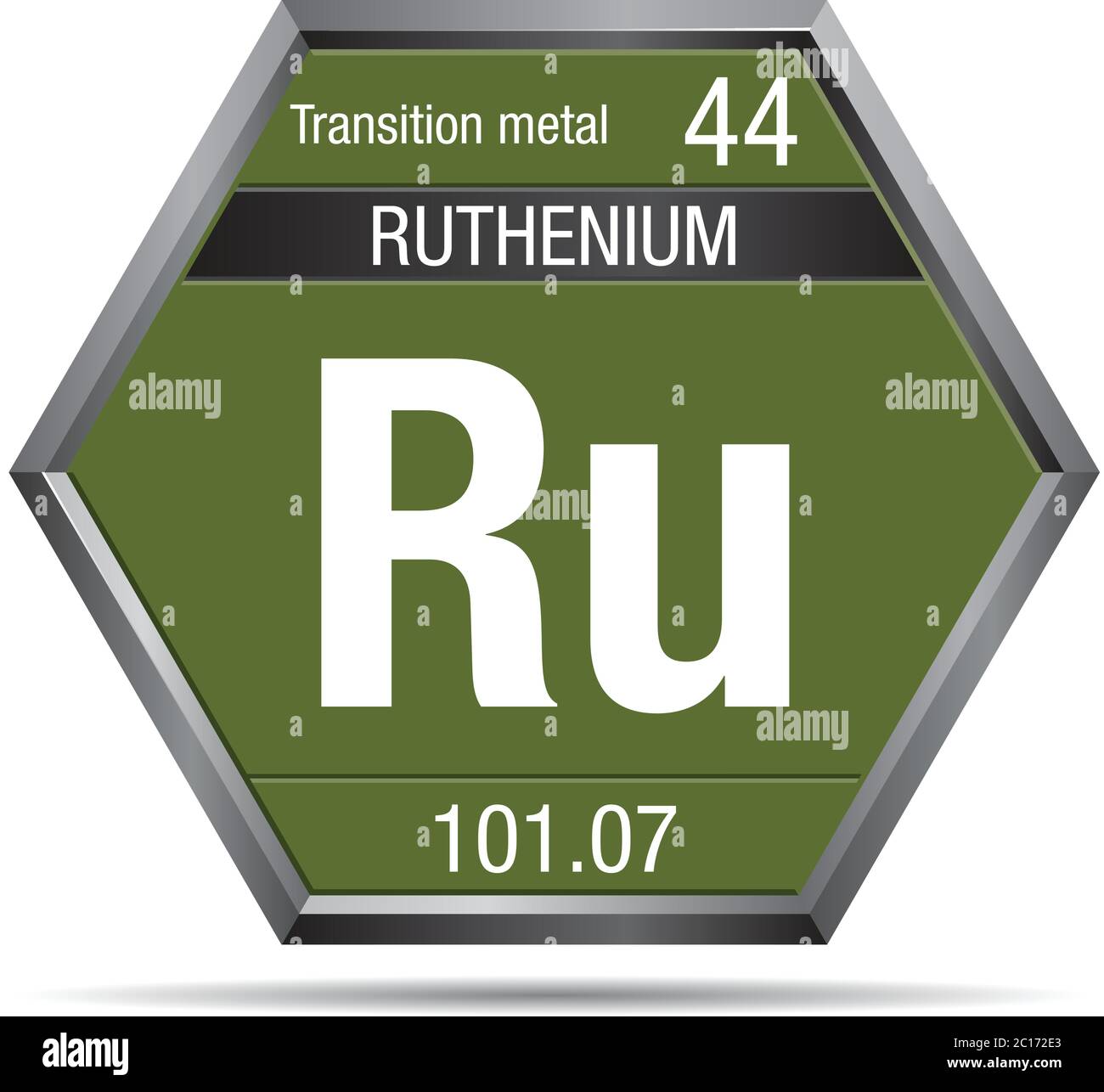 Ruthenium symbol in the form of a hexagon with a metallic frame ...