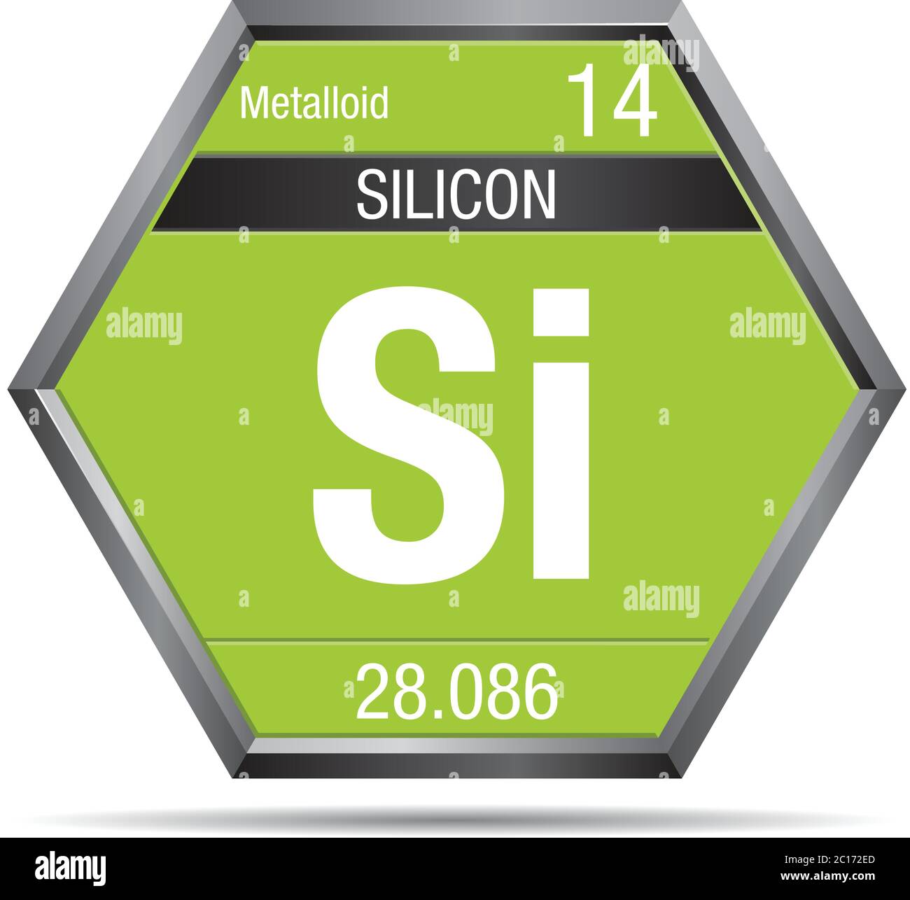 Silicon symbol in the form of a hexagon with a metallic frame. Element ...
