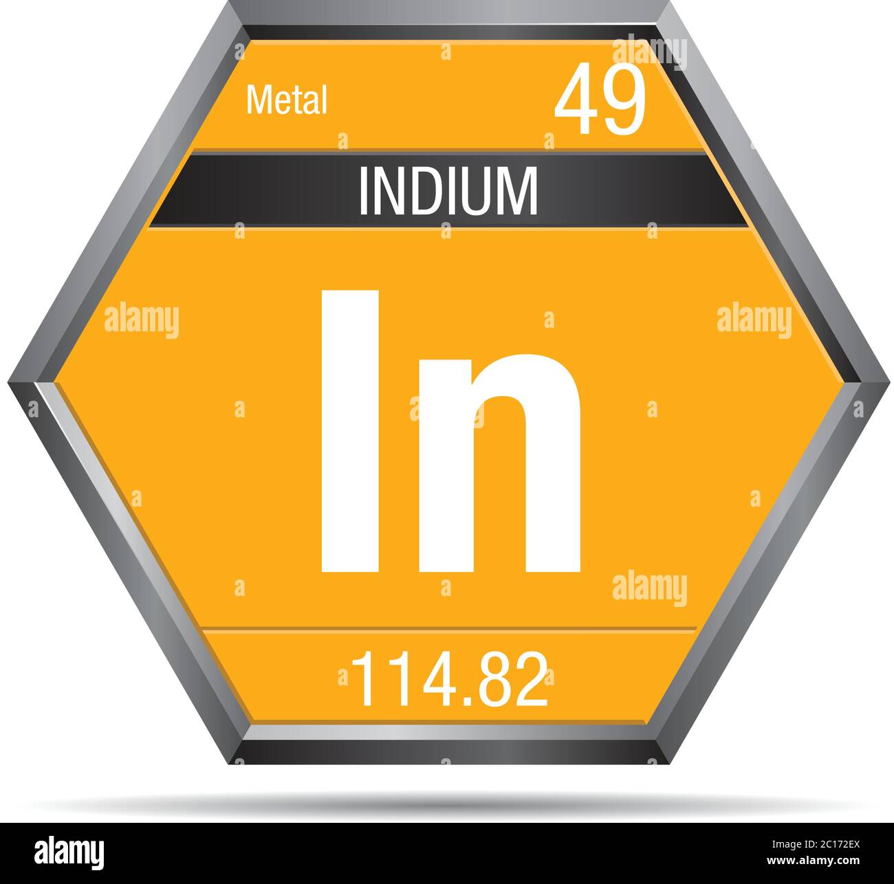 Indium symbol in the form of a hexagon with a metallic frame. Element ...