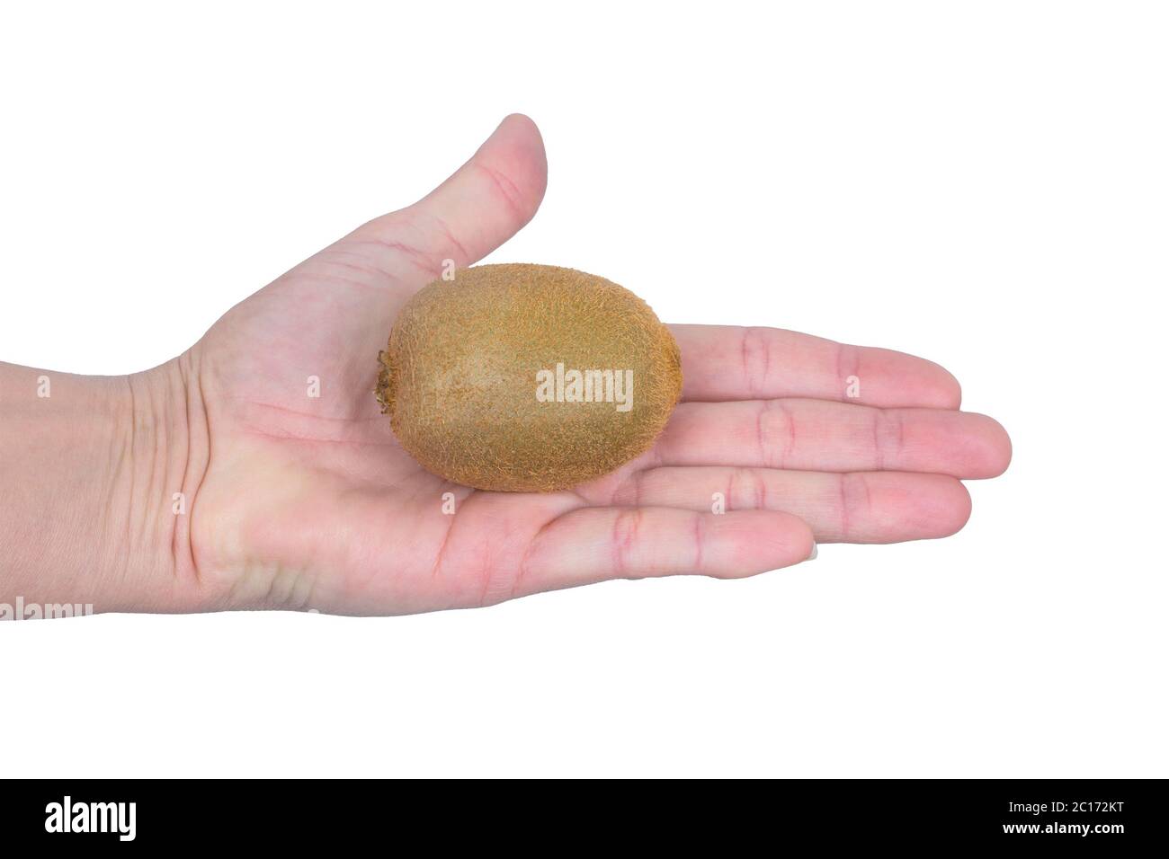 Kiwi on women hand isolated on a white background Stock Photo - Alamy