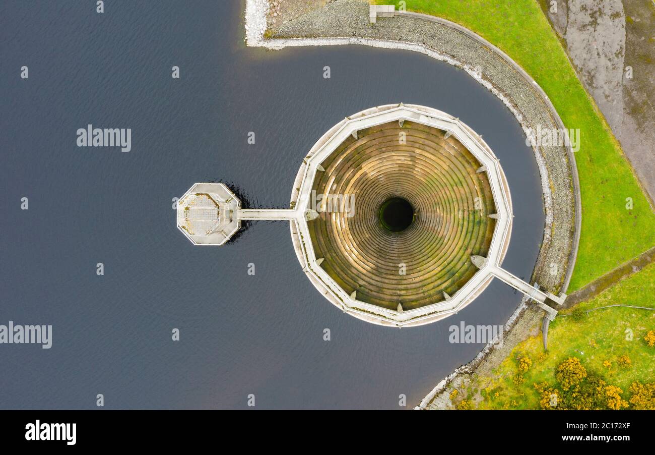 Aerial view of bellmouth spillway at Whiteadder reservoir in East ...