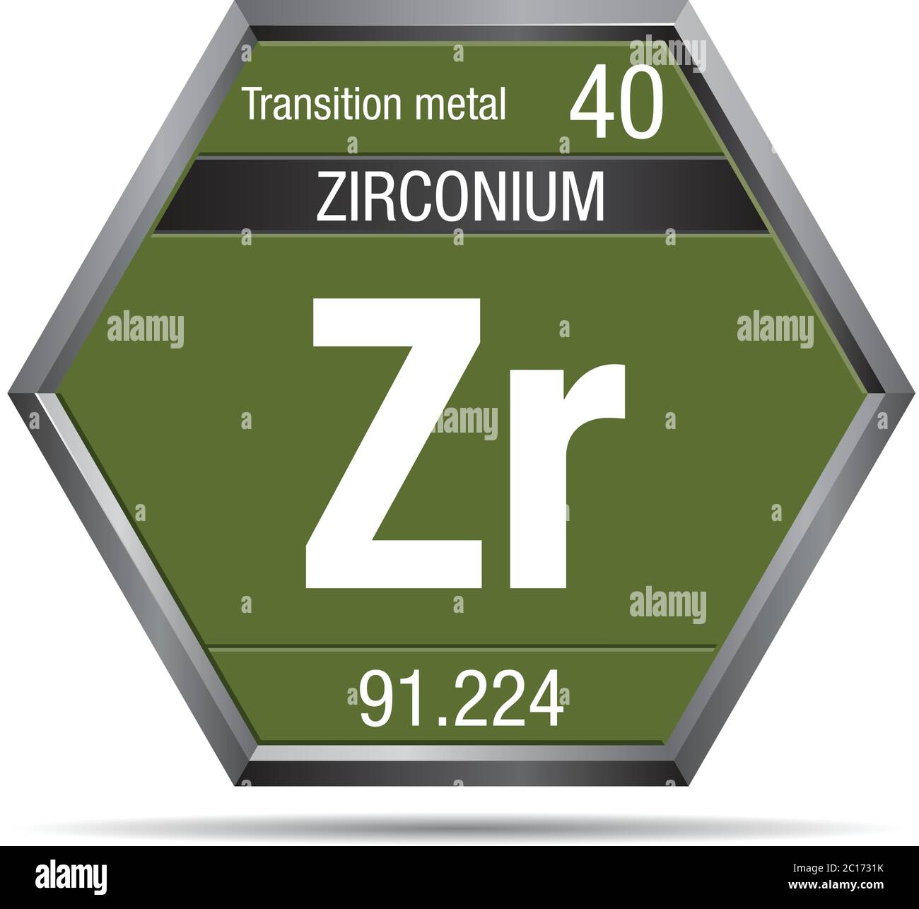 Zirconium symbol in the form of a hexagon with a metallic frame ...