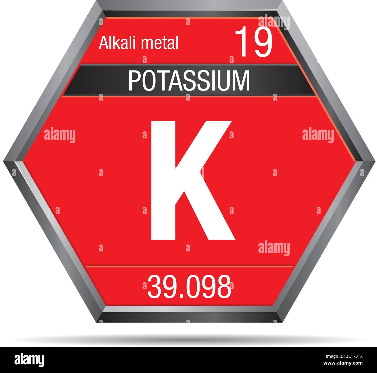 Potassium symbol in the form of a hexagon with a metallic frame ...