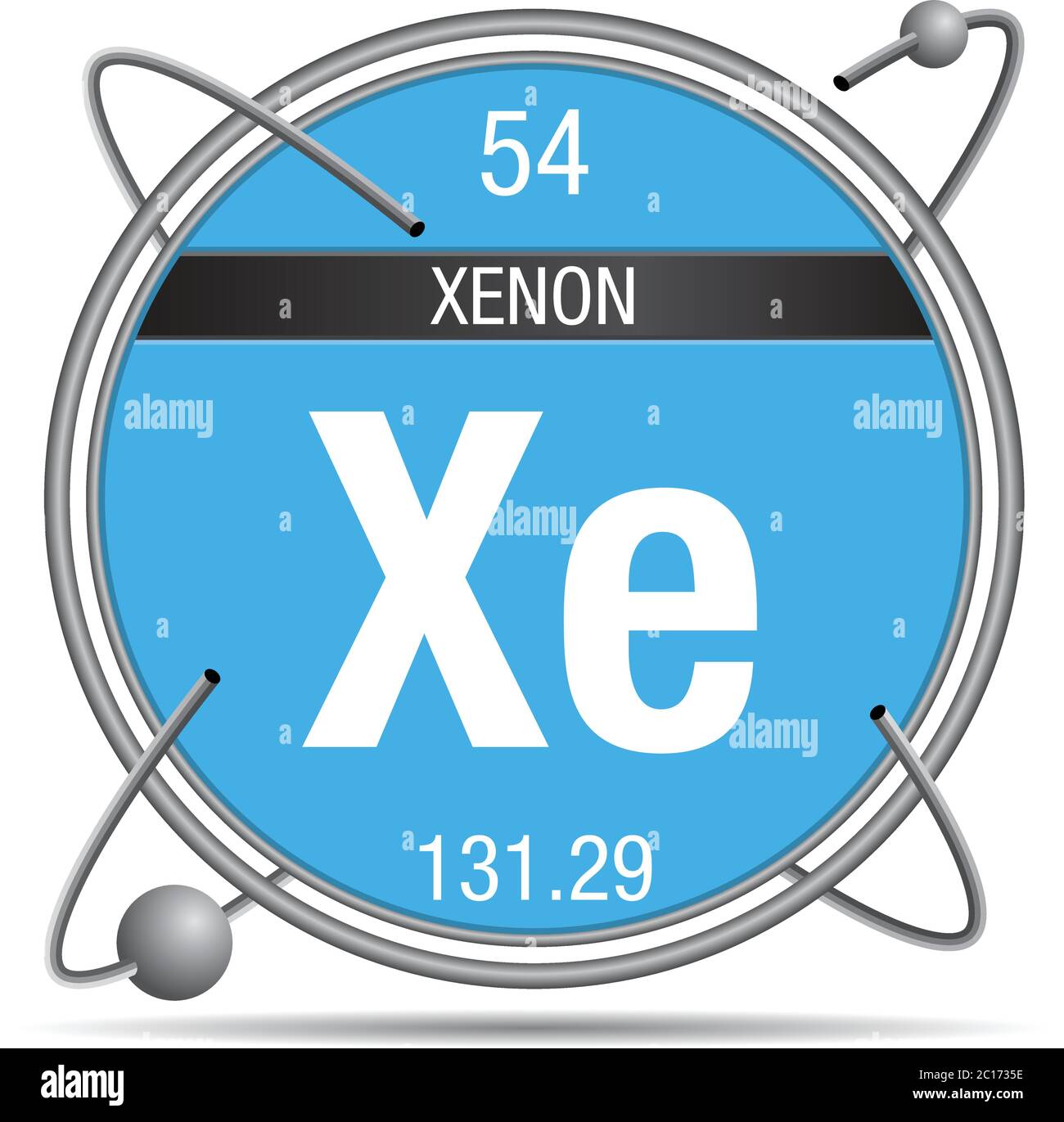 Xenon symbol inside a metal ring with colored background and spheres ...