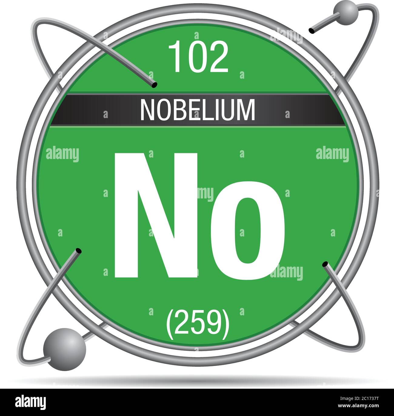 Nobelium symbol inside a metal ring with colored background and spheres ...