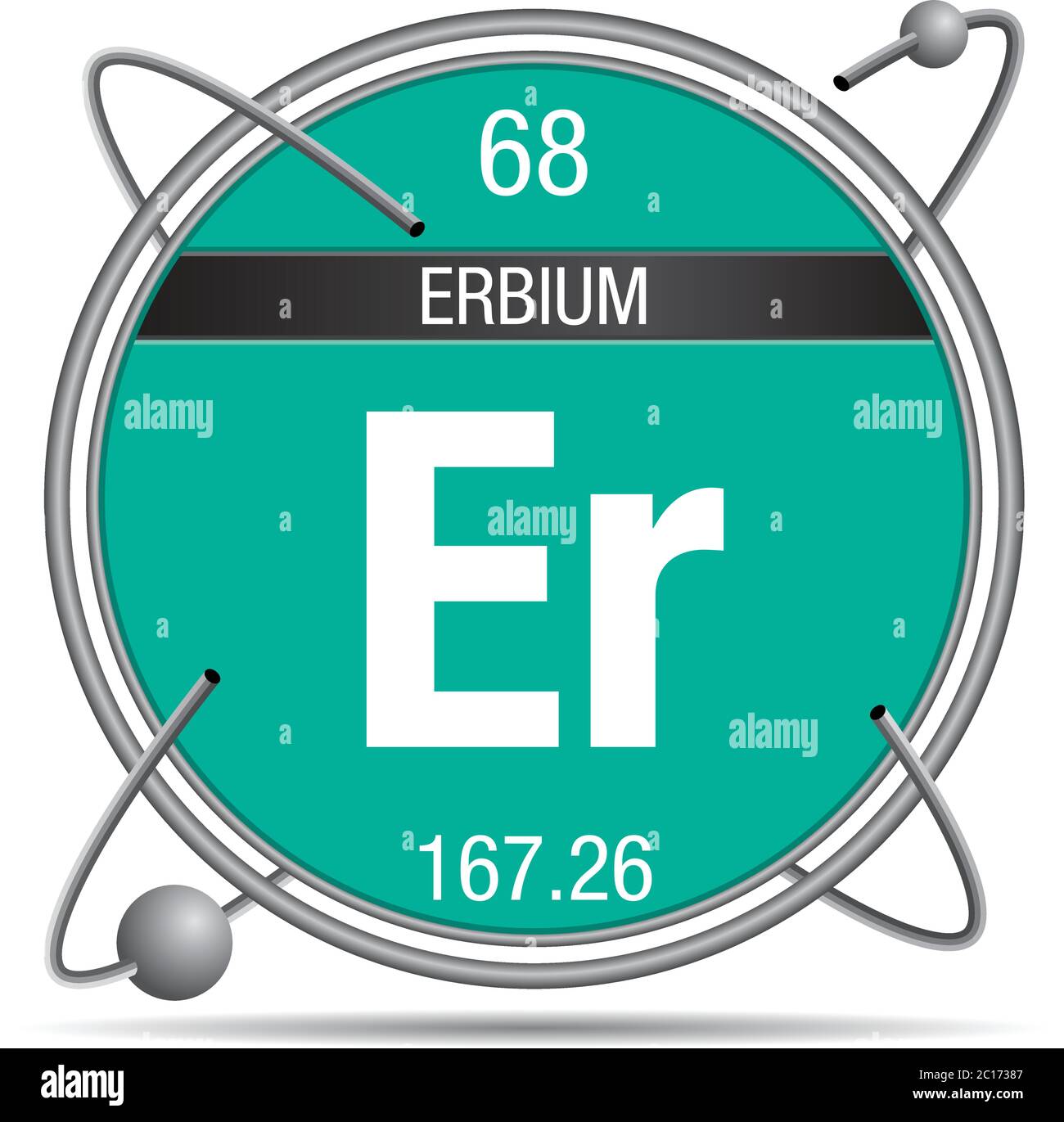 Erbium symbol inside a metal ring with colored background and spheres ...