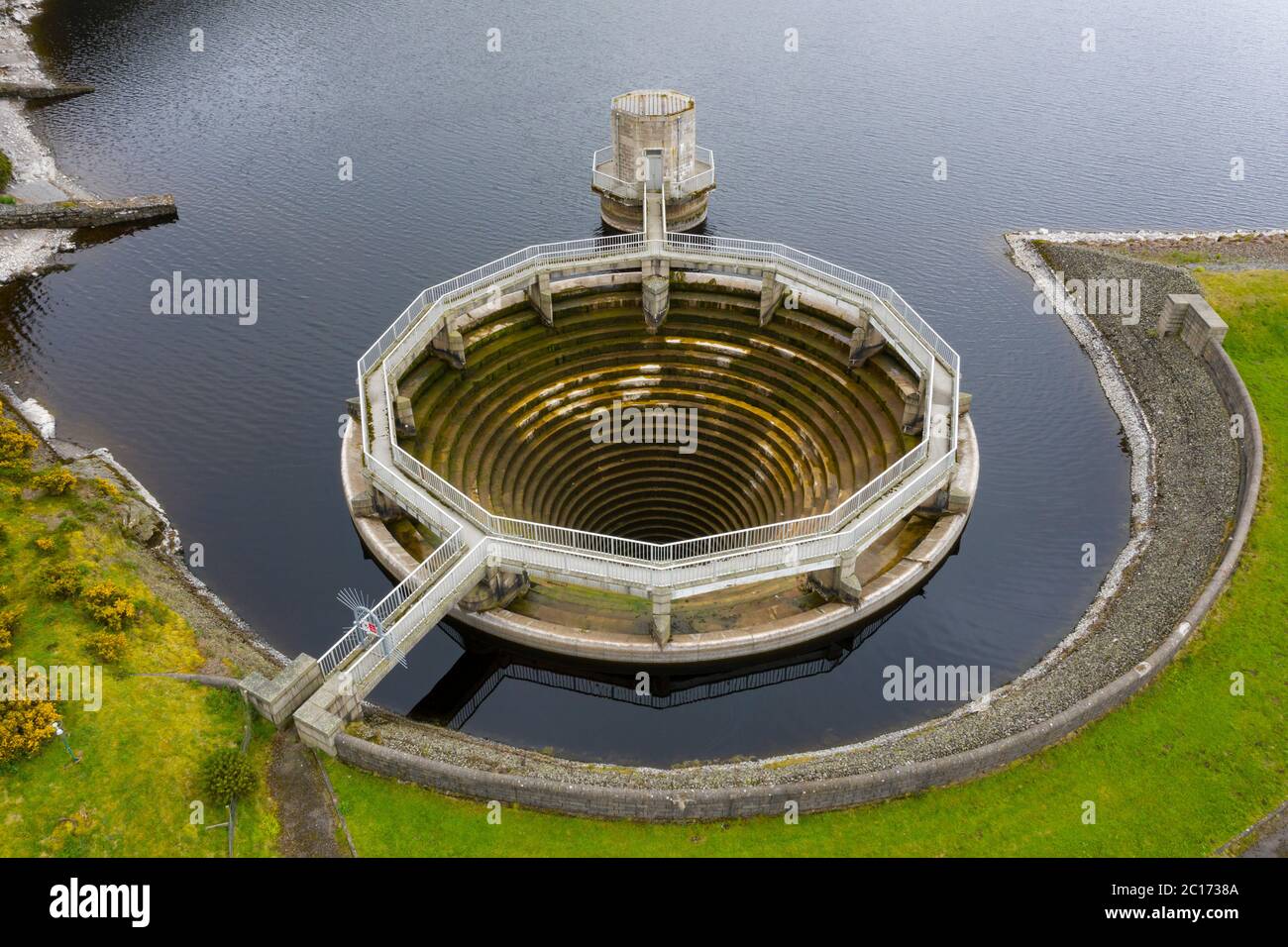 Aerial view of bellmouth spillway at Whiteadder reservoir in East ...