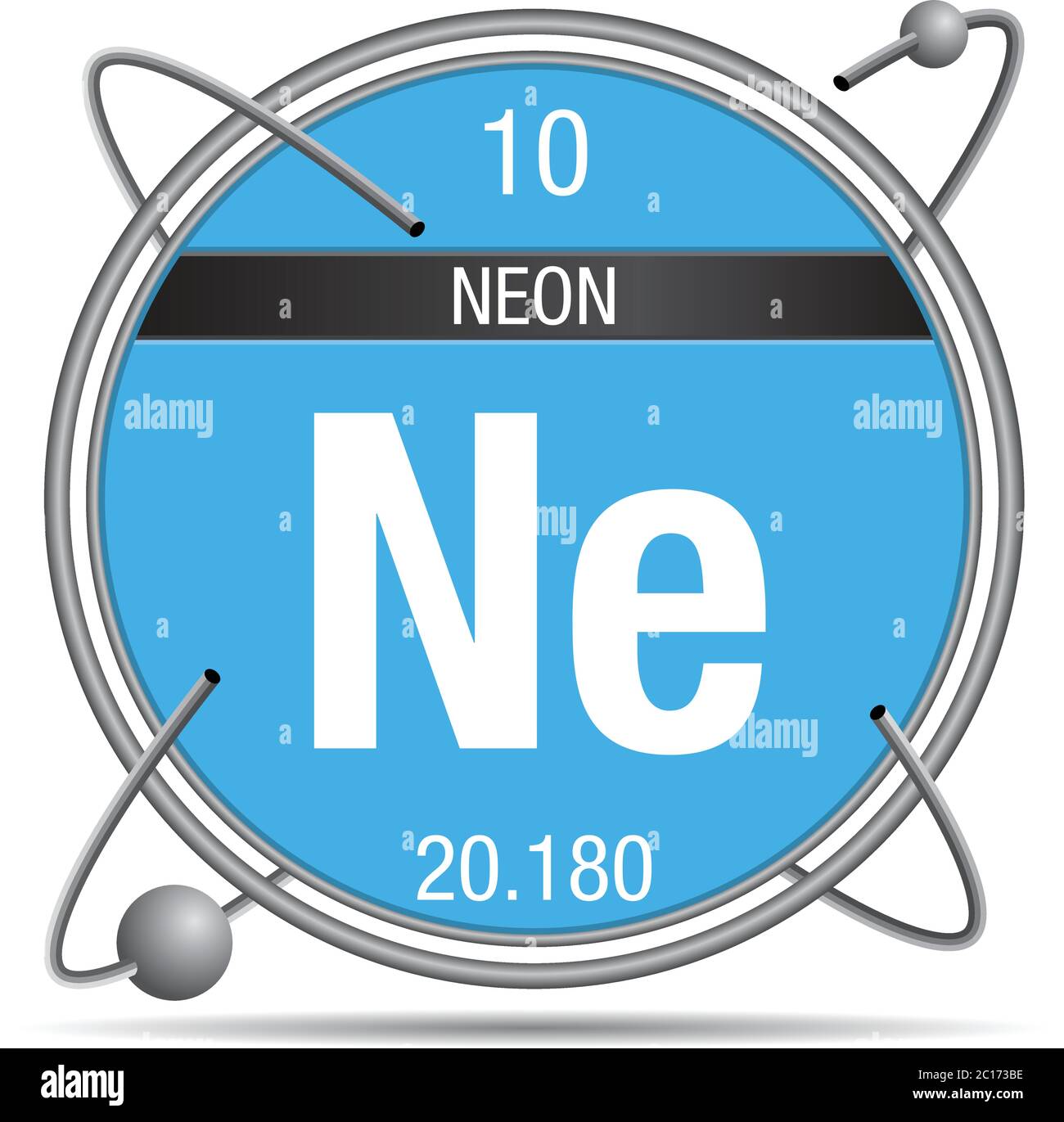 Neon symbol inside a metal ring with colored background and spheres ...