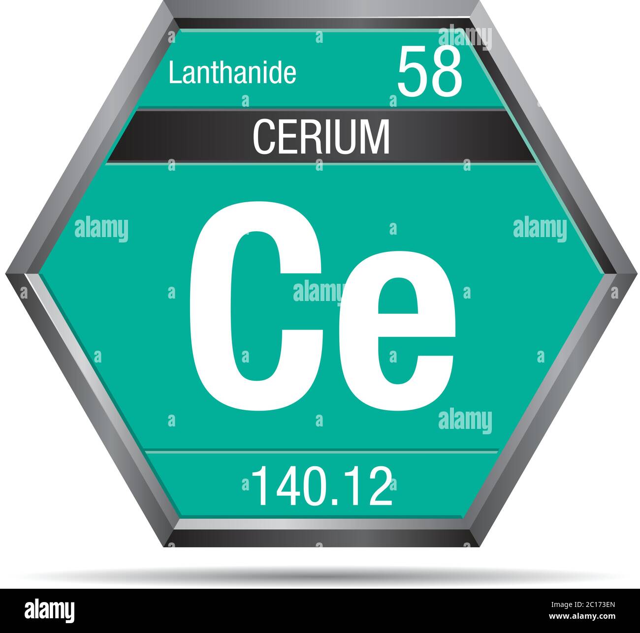 Cerium symbol in the form of a hexagon with a metallic frame. Element ...