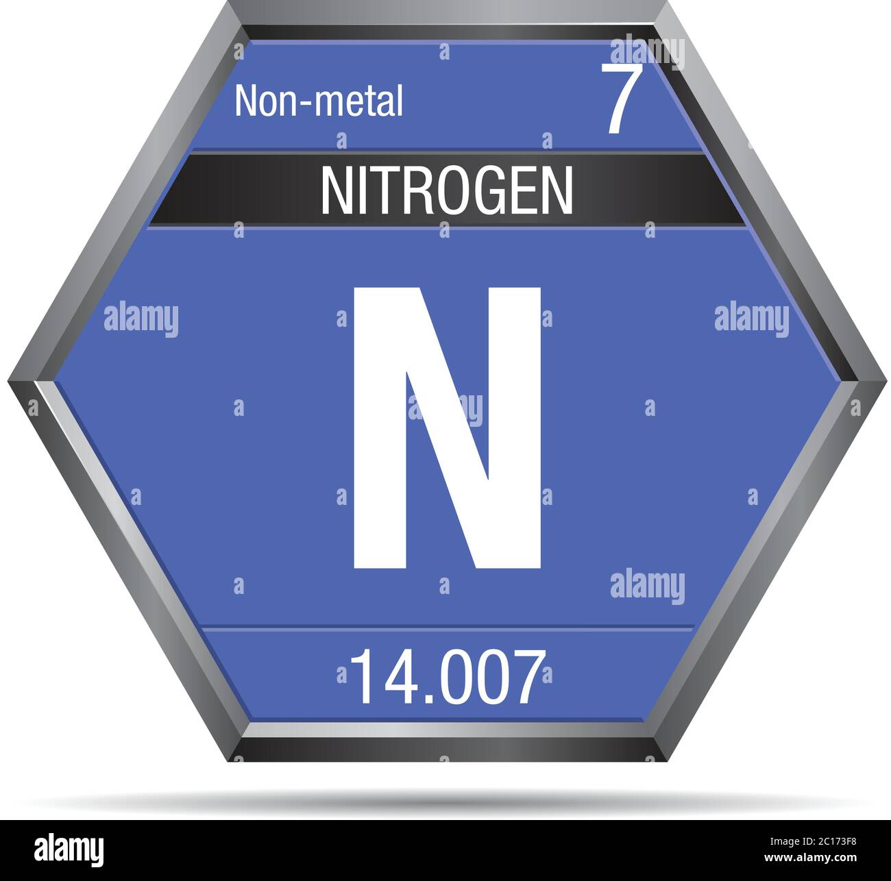 Nitrogen symbol in the form of a hexagon with a metallic frame. Element ...