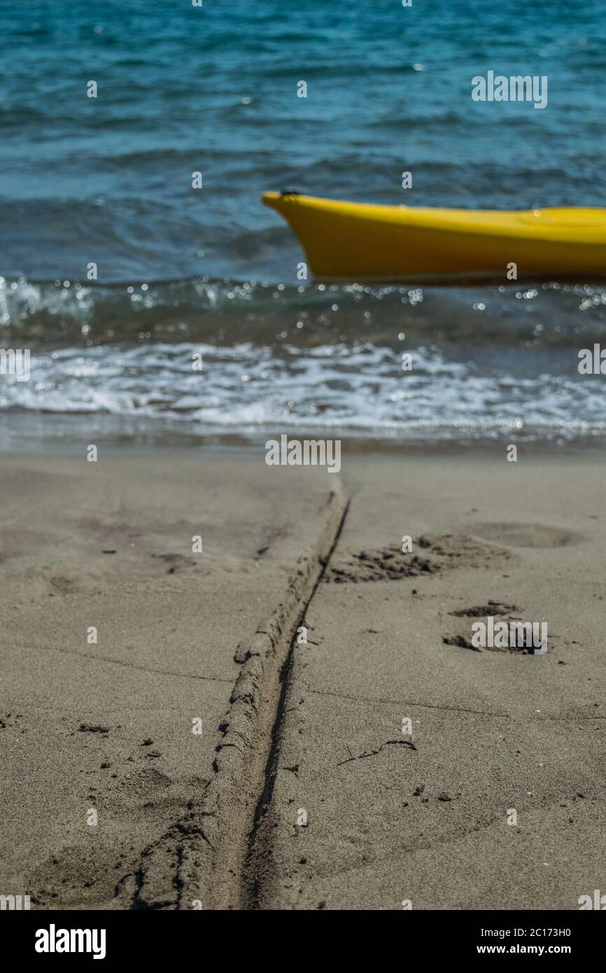 Drag marks the sand from a yellow racing canoe holding still close to ...