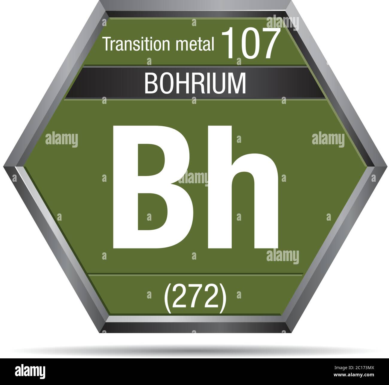 Bohrium symbol in the form of a hexagon with a metallic frame. Element ...