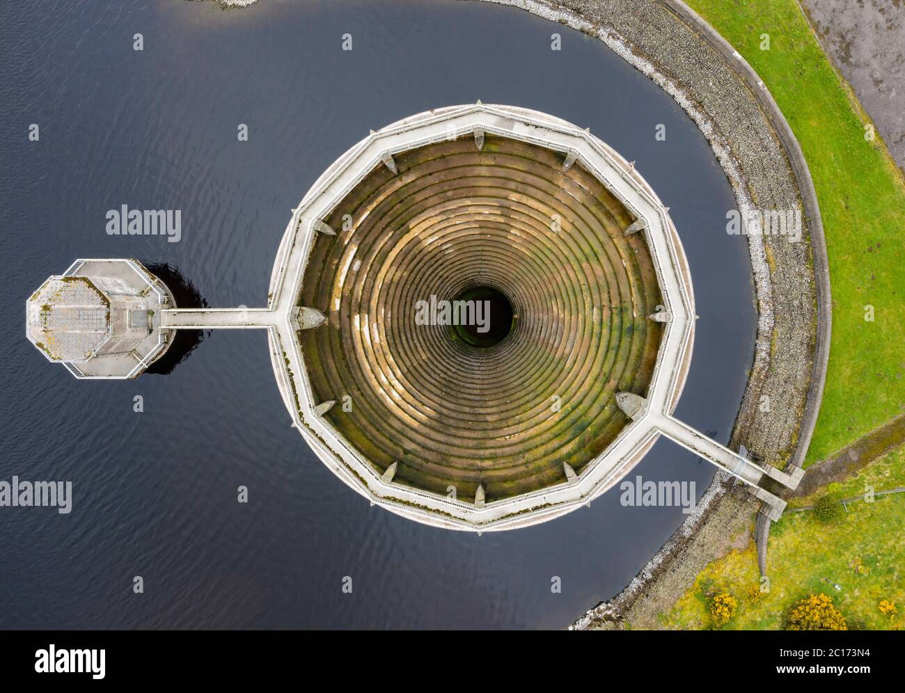 Aerial view of bellmouth spillway at Whiteadder reservoir in East ...