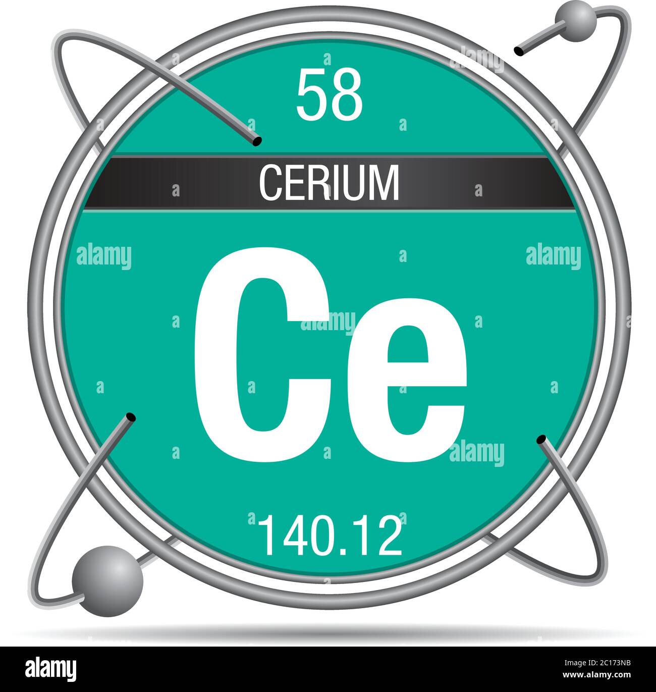 Cerium symbol inside a metal ring with colored background and spheres ...
