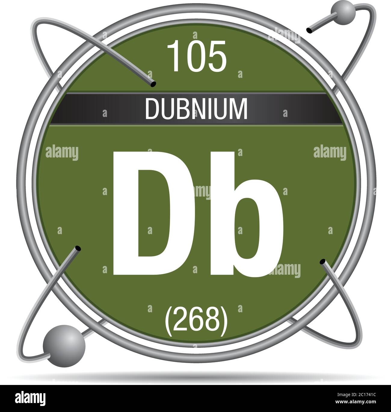 Dubnium symbol inside a metal ring with colored background and spheres ...