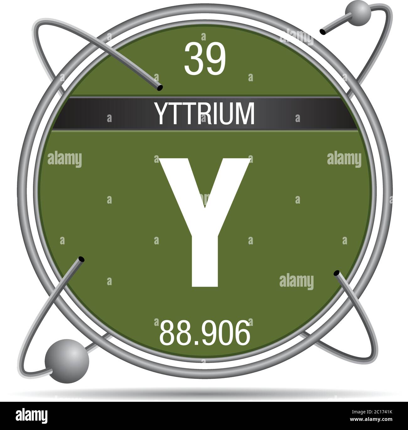 Yttrium symbol inside a metal ring with colored background and spheres ...