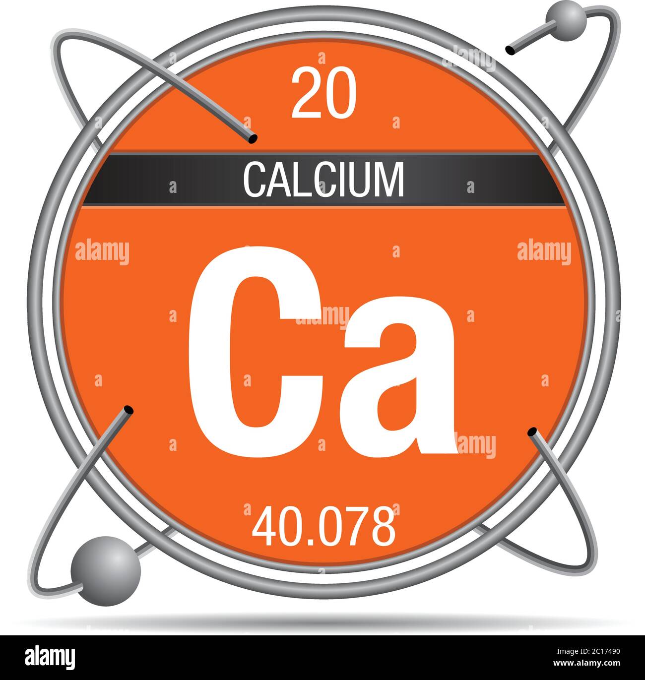 Calcium symbol inside a metal ring with colored background and spheres ...
