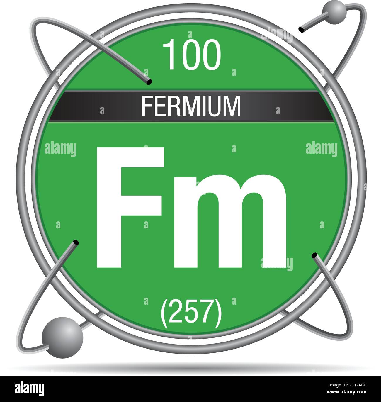 Fermium symbol inside a metal ring with colored background and spheres ...