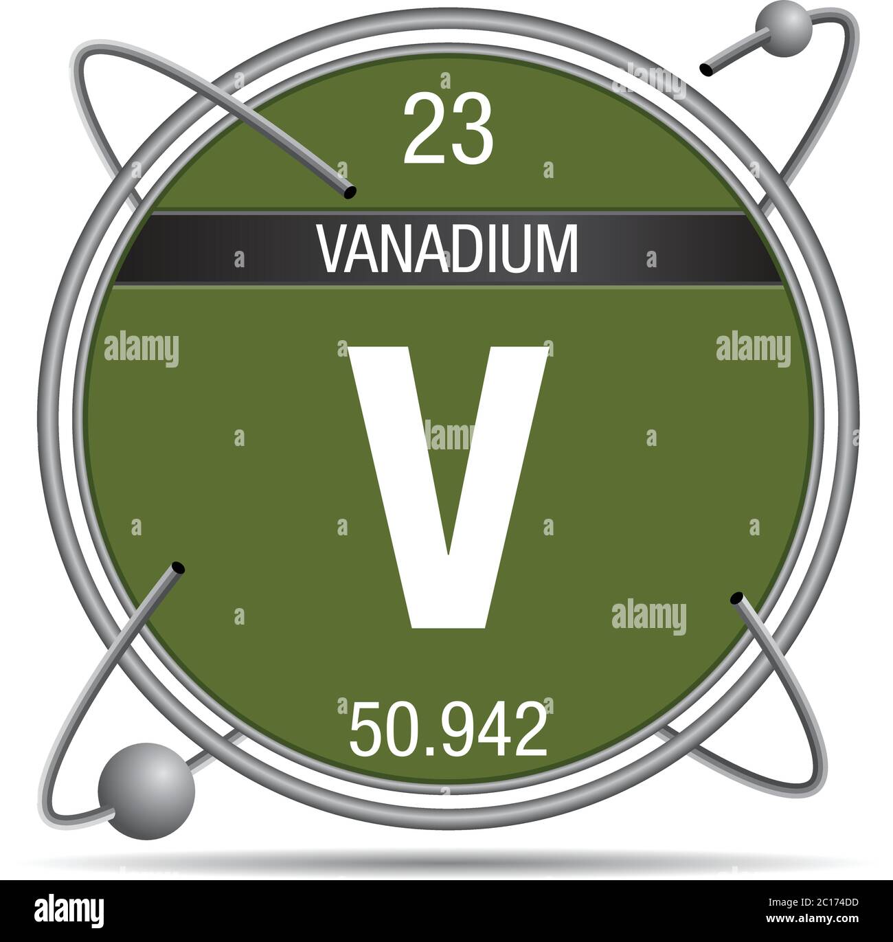 Vanadium symbol inside a metal ring with colored background and spheres ...