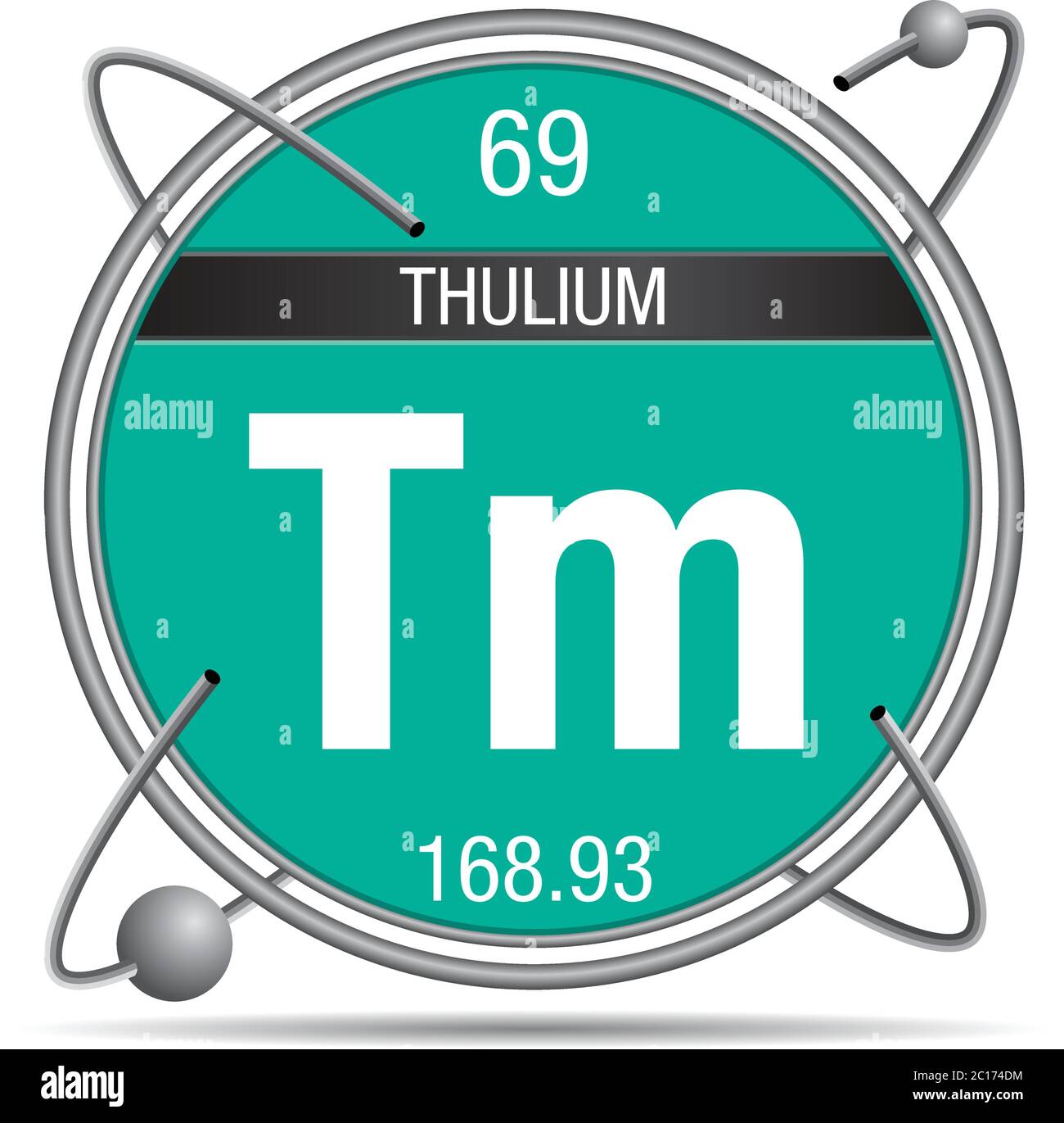 Thulium symbol inside a metal ring with colored background and spheres ...