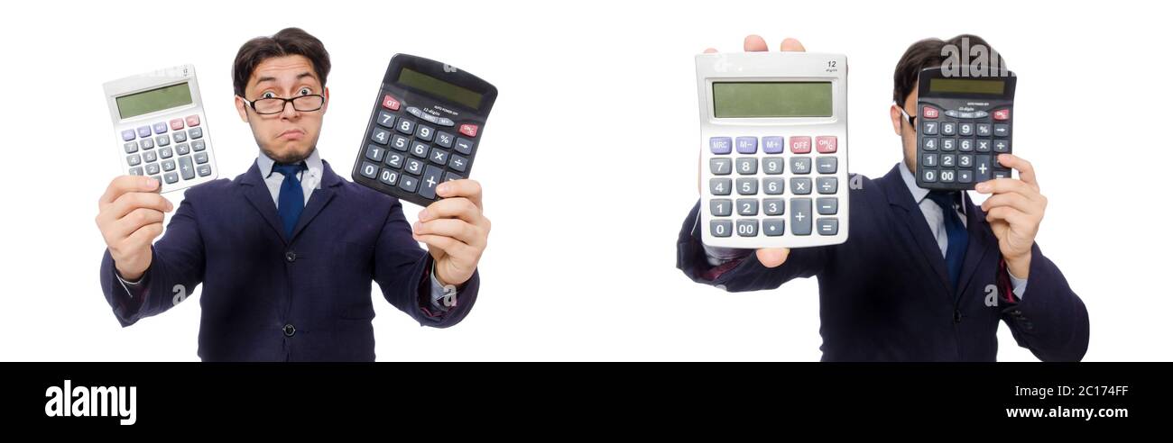 Funny man with calculator isolated on white Stock Photo - Alamy