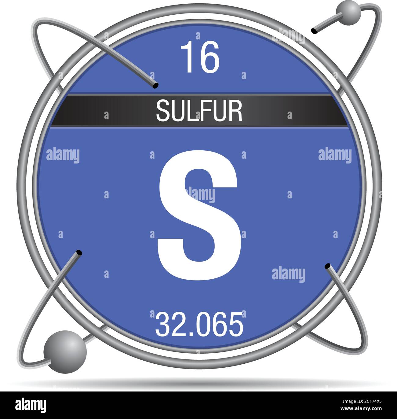 Sulfur symbol inside a metal ring with colored background and spheres ...