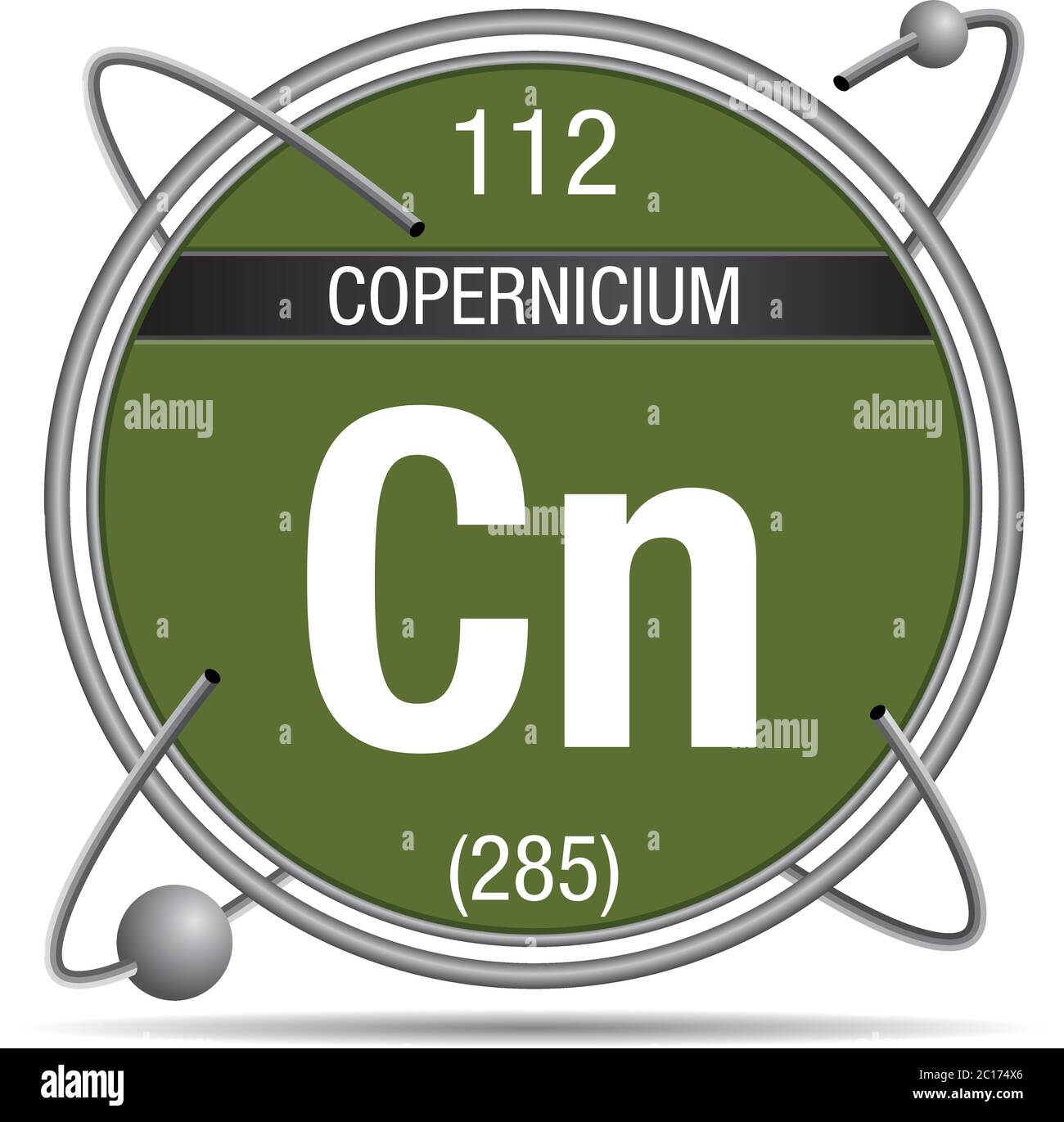 Copernicium symbol inside a metal ring with colored background and ...