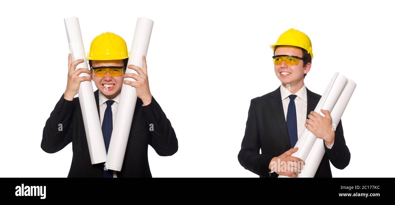 Funny architect with drawings on white Stock Photo - Alamy