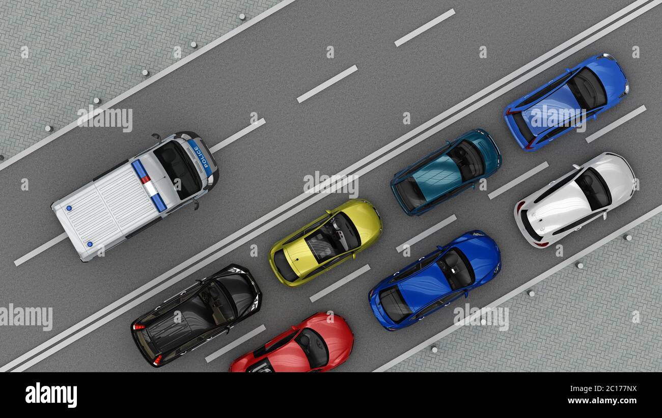 police car rides on the opposite lane road top view. 3d rendering Stock ...