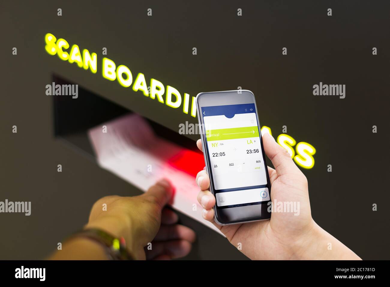 mobile phone with scan boarding pass in airport Stock Photo - Alamy