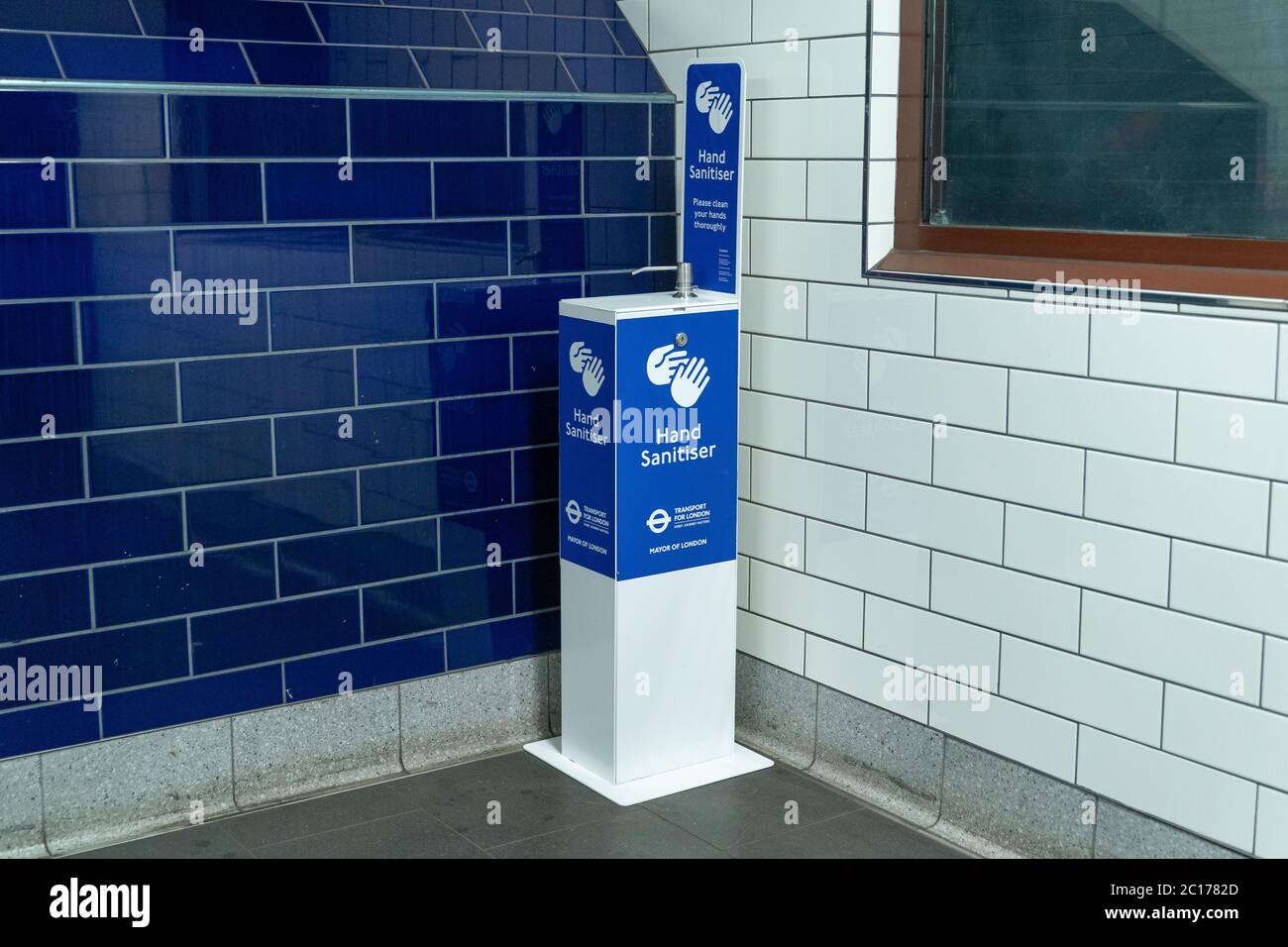 LONDON, ENGLAND - JUNE 8, 2020: Hand sanitiser point within a London ...