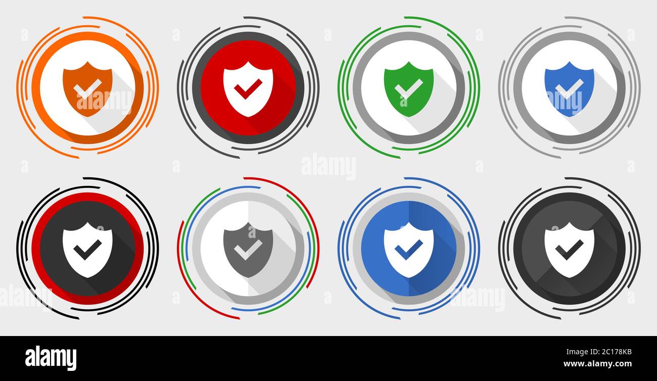 Shield vector icon set, modern design flat graphic in 8 options for web ...