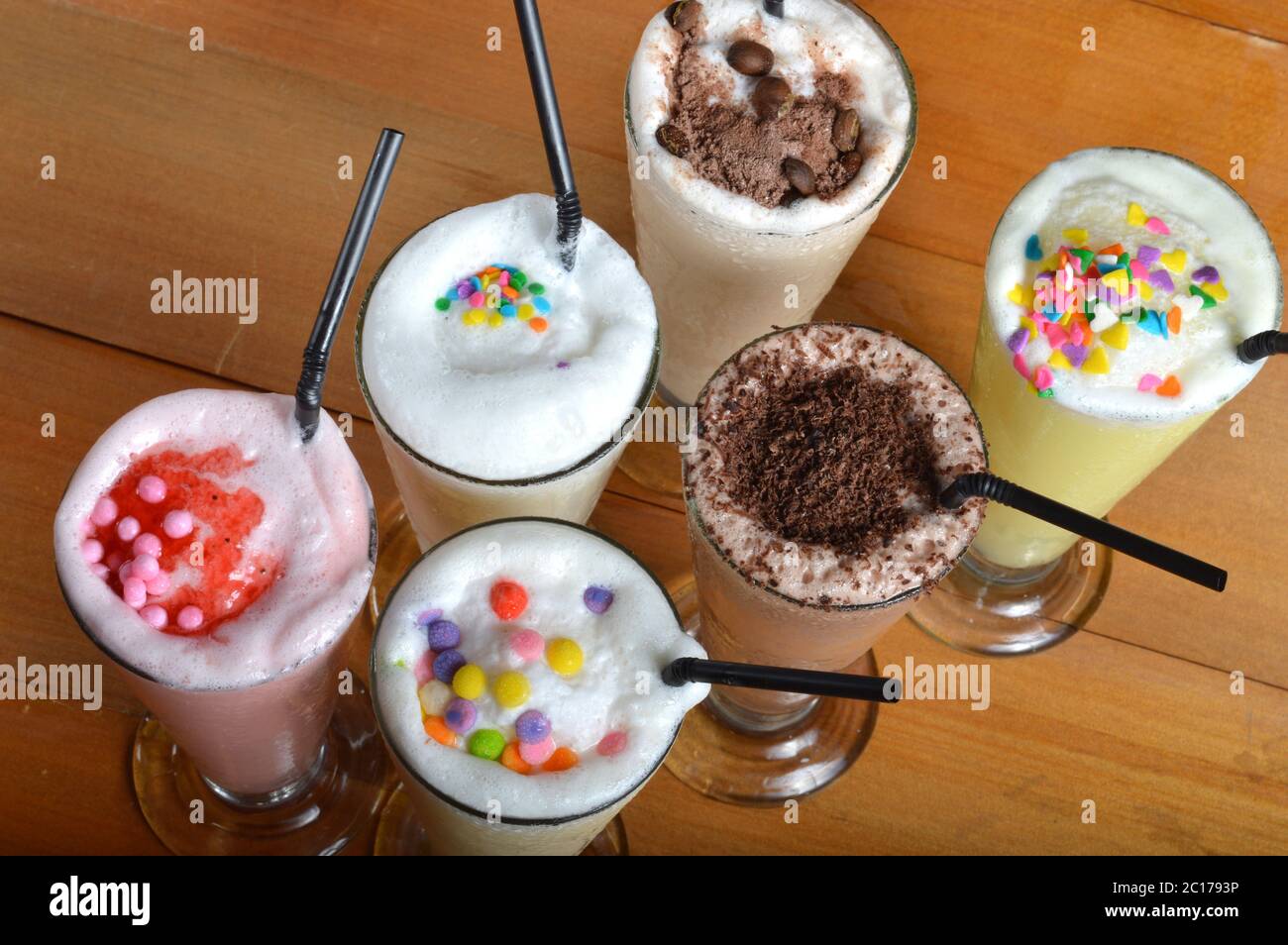 six types of milkshake drink Stock Photo - Alamy