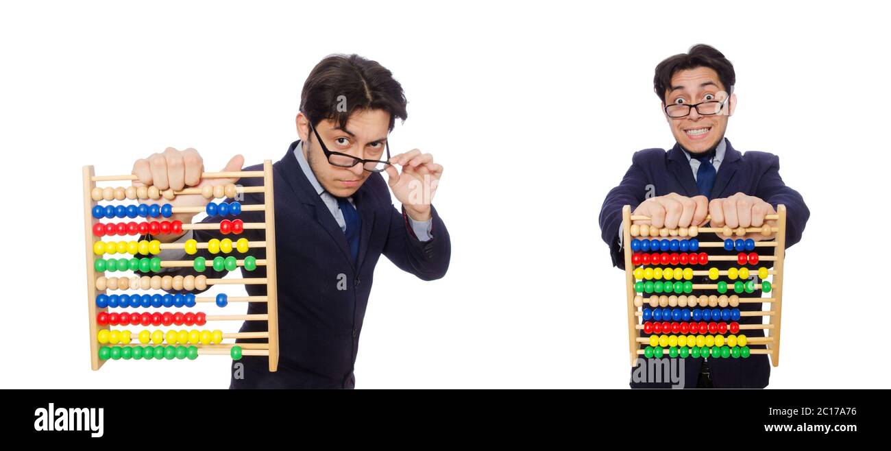 Angry accountant with abacus isolated on white Stock Photo - Alamy