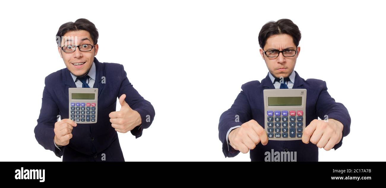Funny man with calculator isolated on white Stock Photo - Alamy