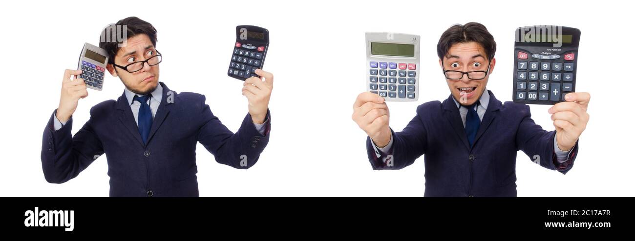 Funny man with calculator isolated on white Stock Photo - Alamy